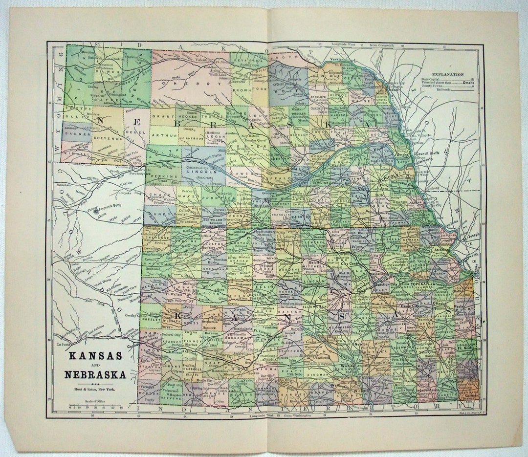 Kansas & Nebraska - Original 1891 Map by Hunt and Eaton. Antique ...