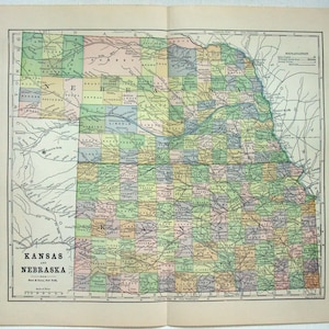 Kansas & Nebraska - Original 1891 Map by Hunt and Eaton. Antique ...