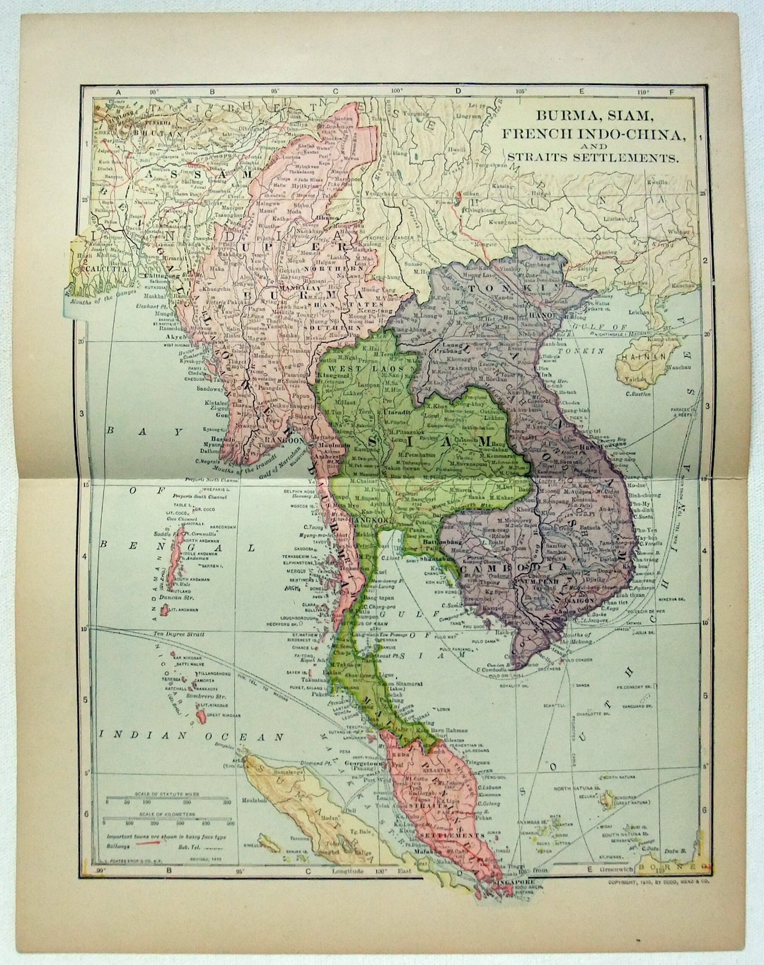 Southeast Asia Original 1910 Dated Map by Dodd Mead & Co Burma, Siam ...