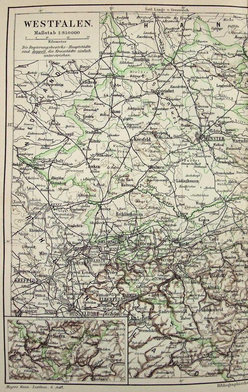 Original 1908 Map of Westphalia, Germany by Meyers. Westfalen Antique ...