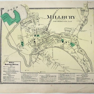 Millbury, Massachusetts. 1870 Map by FW Beers. Hand Colored. Antique ...