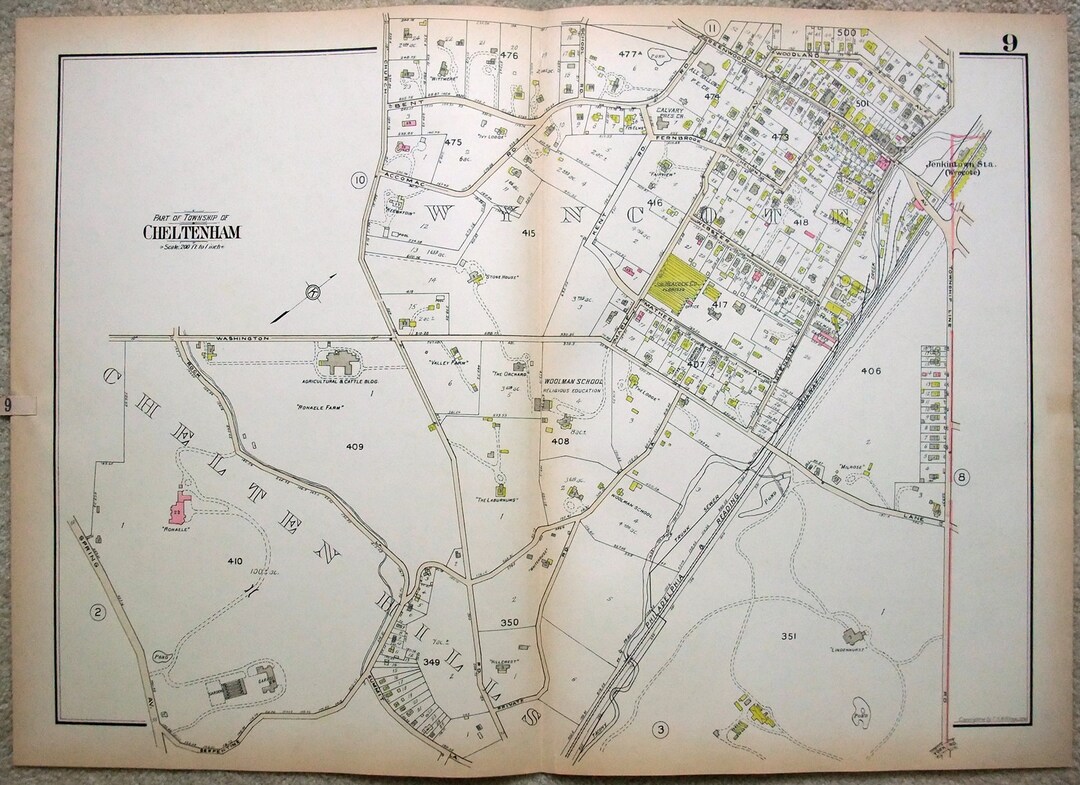 Large Original 1927 Map of Parts of Wyncote & Chelten Hills, Montgomery ...