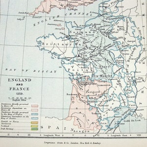 Vintage Map of England & France in 1259 - Published by Longmans Green ...