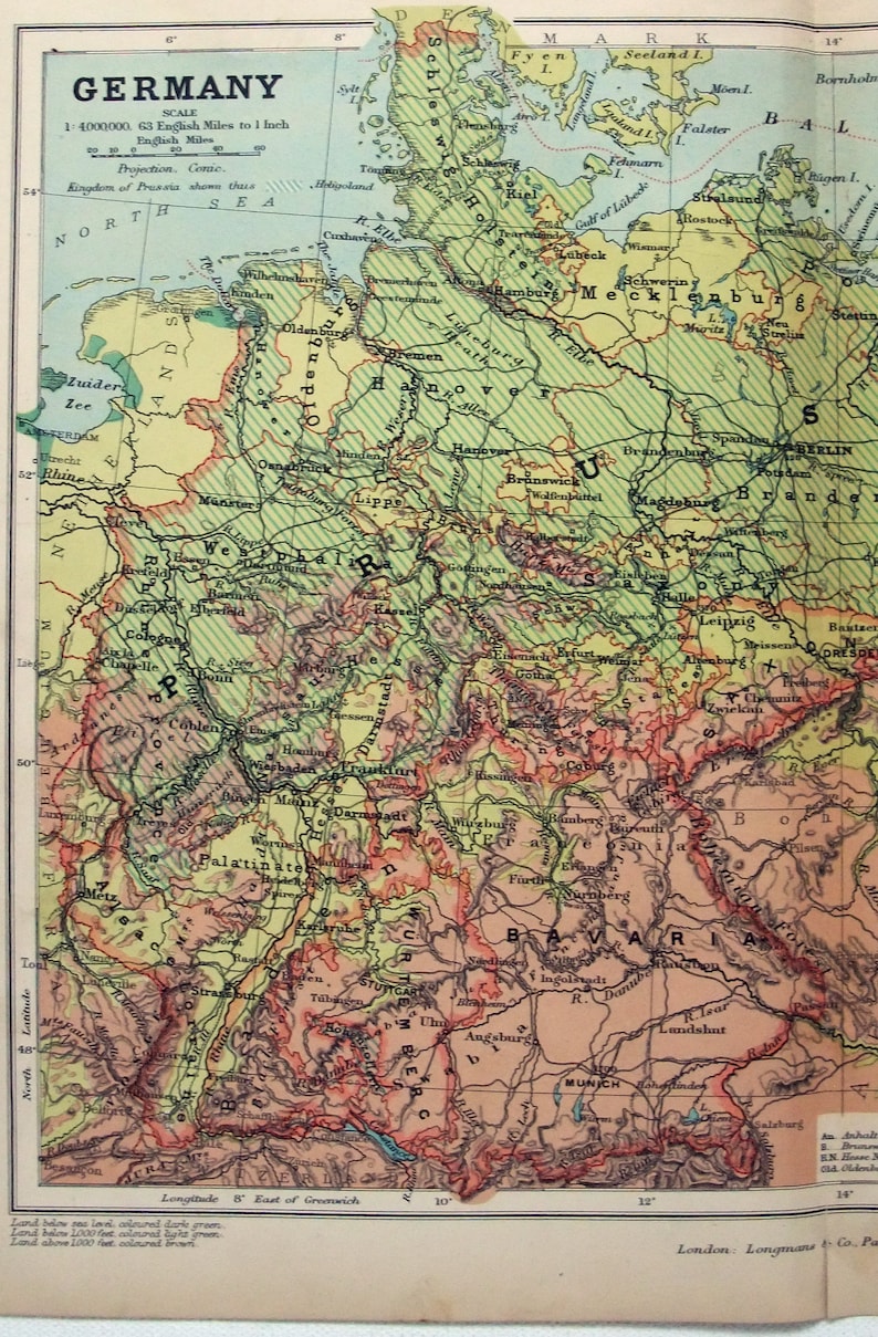 Germany Original 1901 Physical Map by Longmans Green. - Etsy