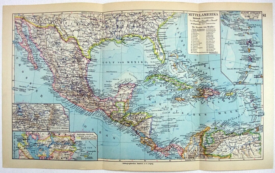 Central America - Original 1931 German Language Map. Vintage Original ...