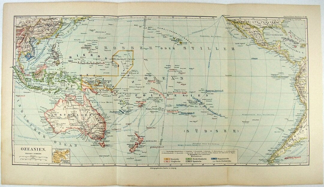 Oceania - 1892 German Map by Meyers. Original Antique Map of the ...