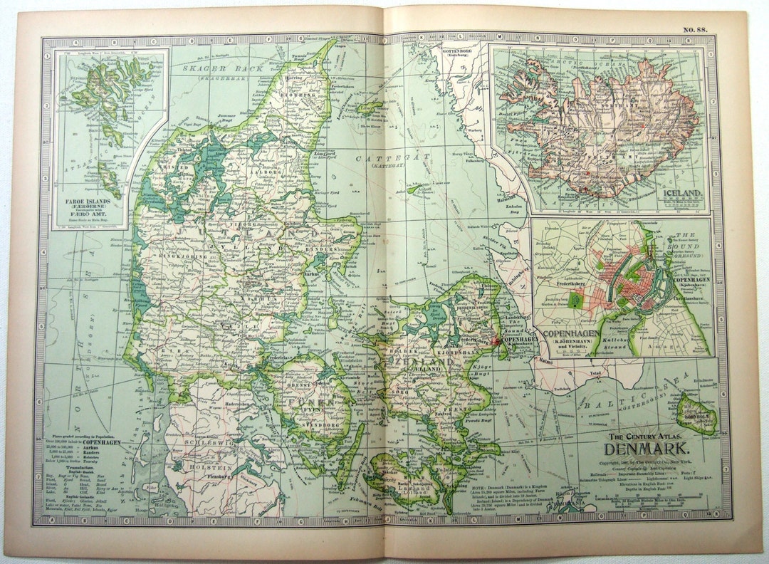 Denmark - Original 1897 Map by the Century Company. Antique Original ...