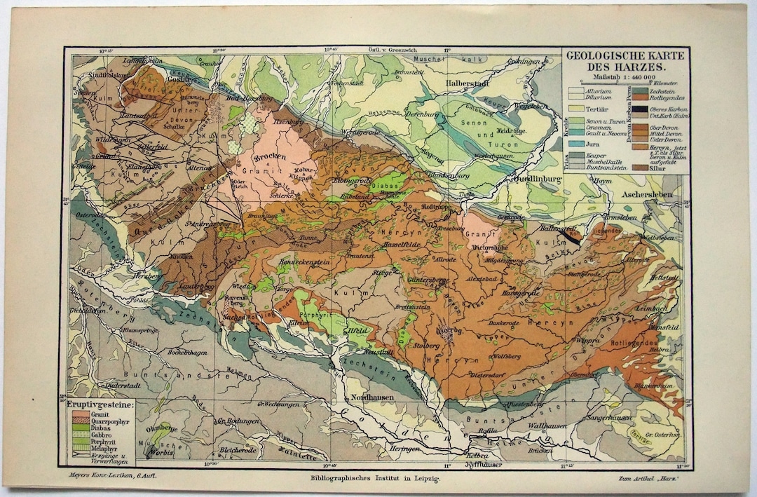 Harz Mountains - Original 1905 Geological Map by Meyers. Harzes. Lower ...