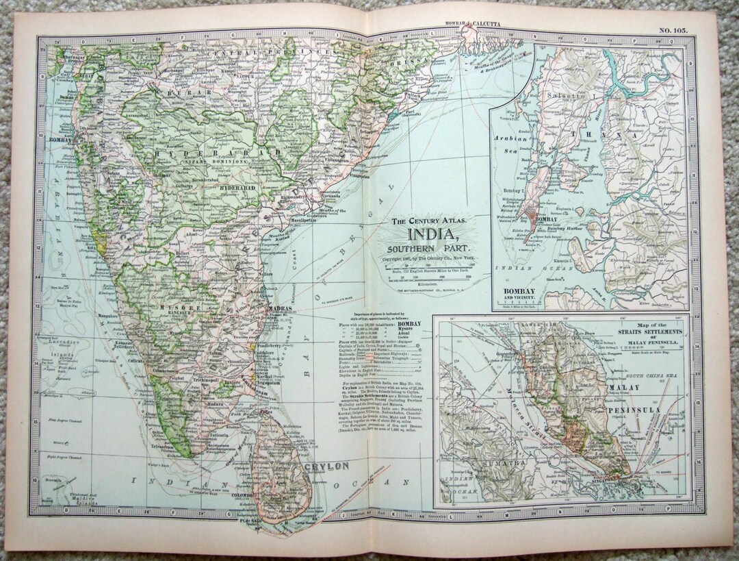 Southern India - Original 1897 Map by the Century Company. Antique - Etsy