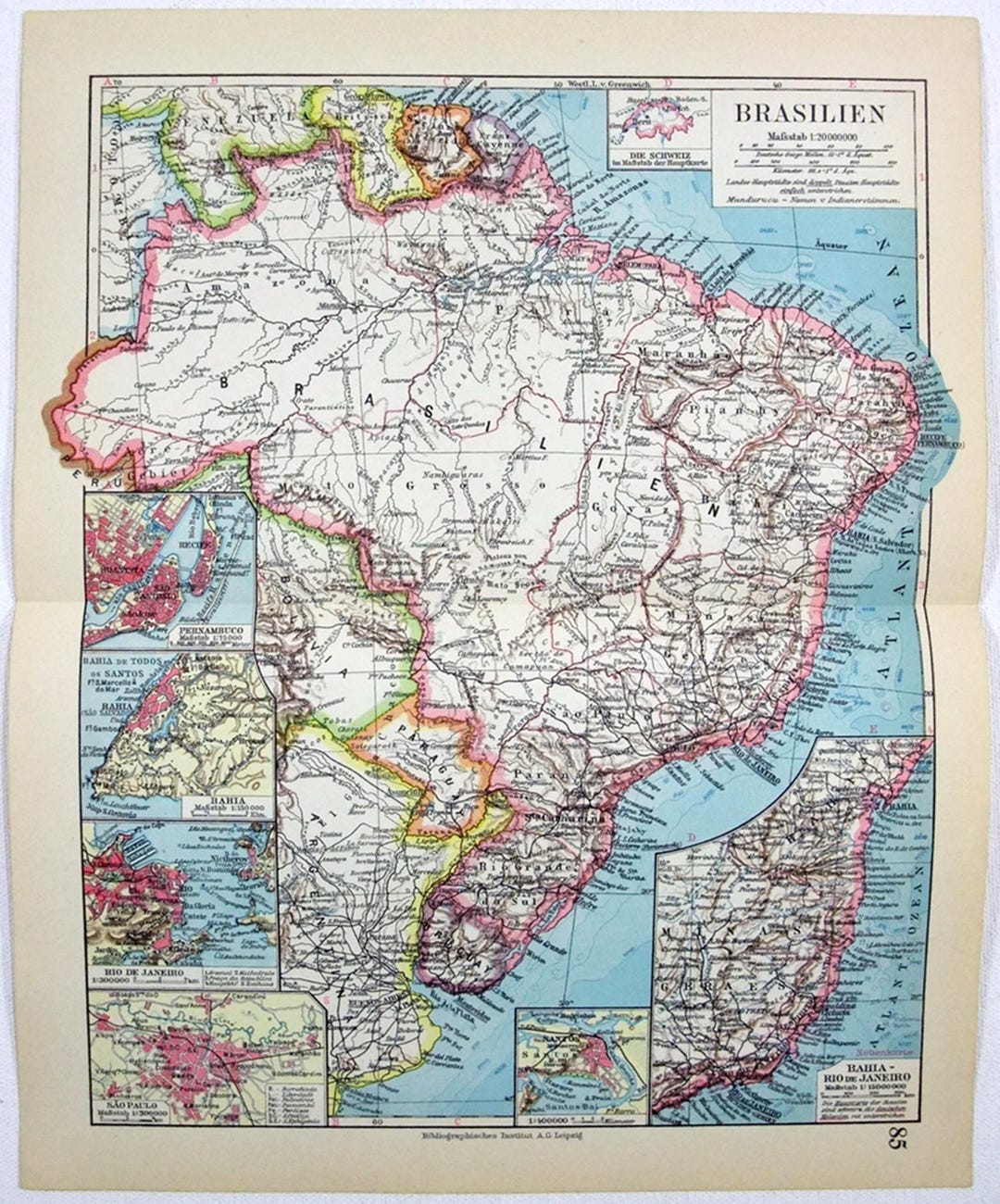 Brazil - Original 1931 German Language Map by Meyers. Vintage - Etsy