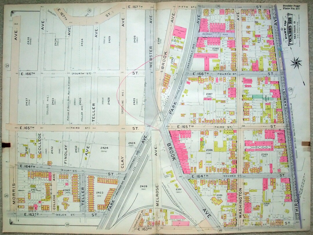 Huge Antique Map of Bronx NY - E 163rd to 167th St From Morris to Third ...