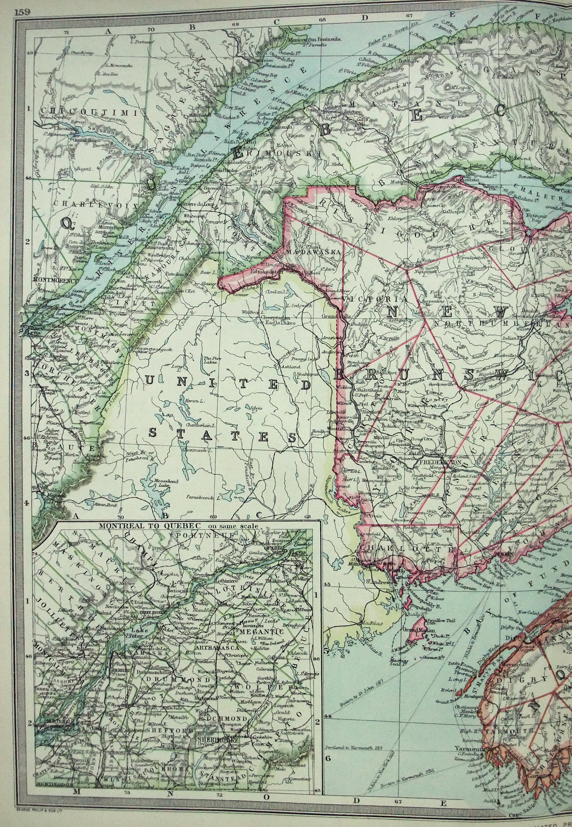 Canadian Maritimes - Large Original Map C1907 by George Philips & Son ...