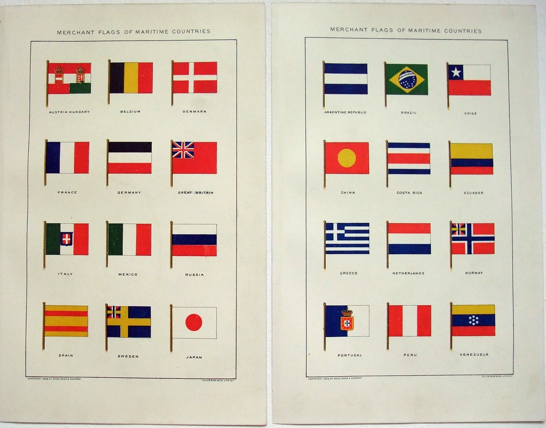 Merchant Flags of Maritime Countries: Original 1903 Dated Stone Chromo ...