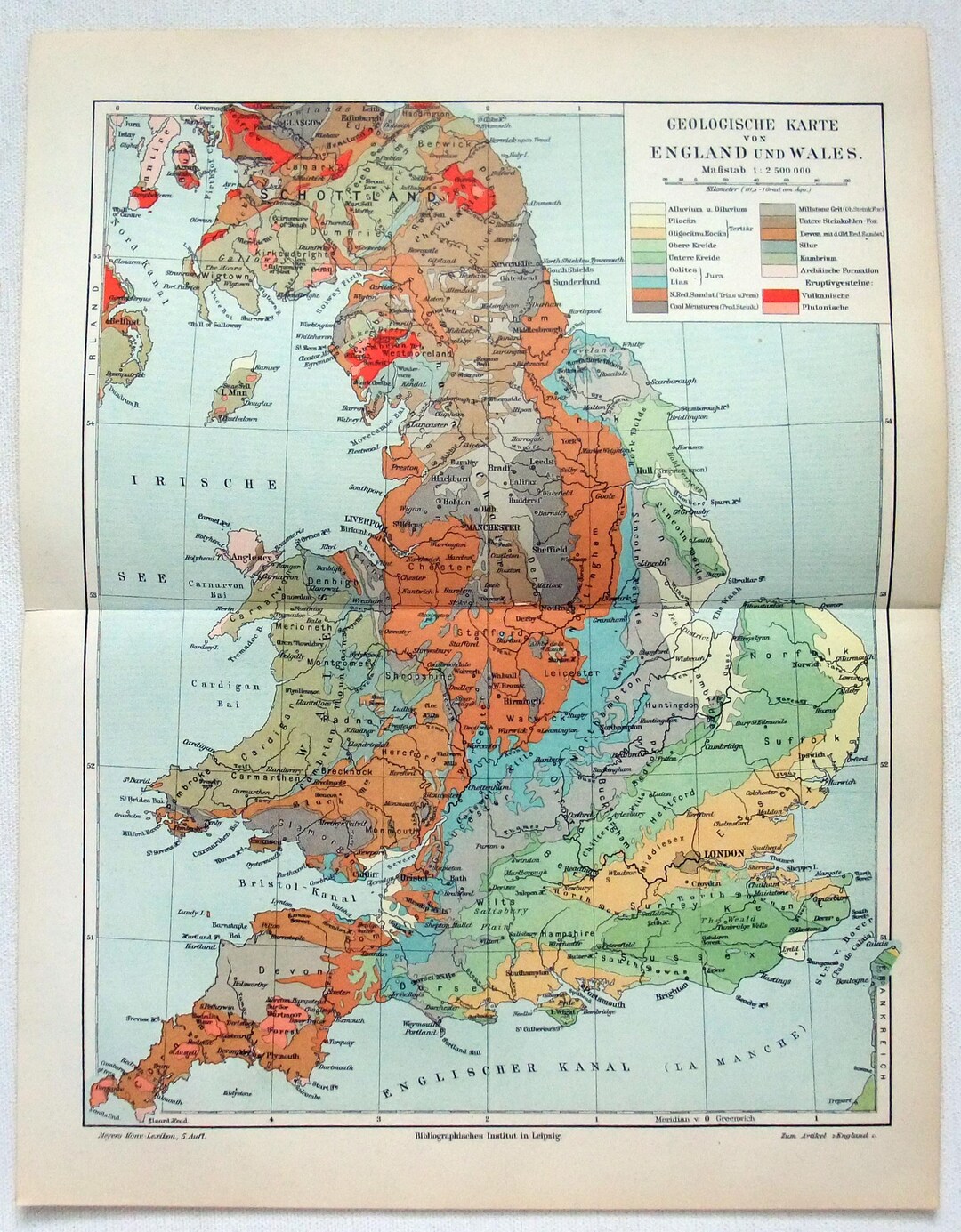 England & Wales - Original 1895 Geological Map by Meyers. Antique - Etsy