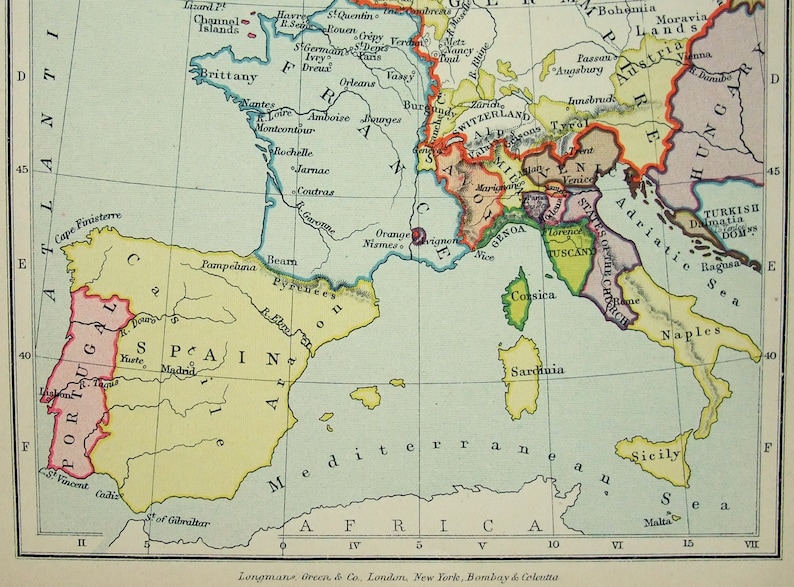 Vintage Map of Western Europe in the Year 1525 - Published in 1907 by ...