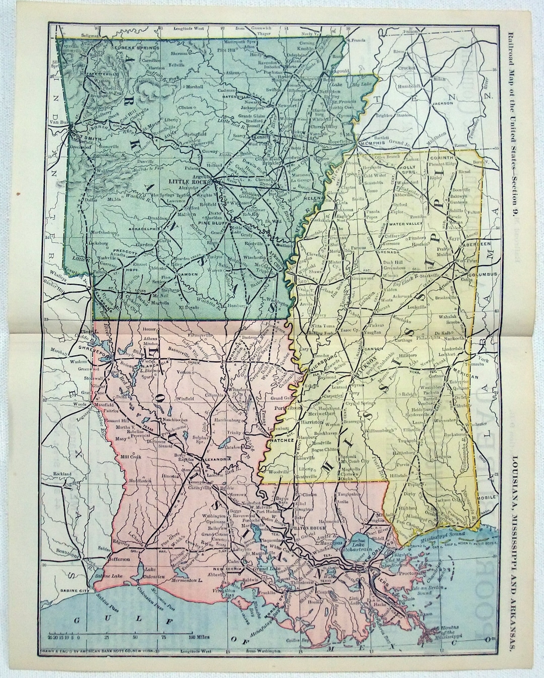 Original 1894 Railroad Map of Arkansas, Mississippi & Louisiana ...