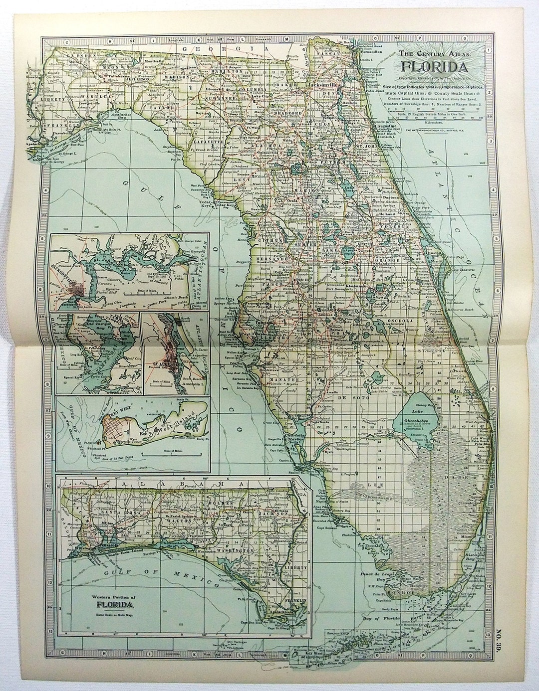 Florida - Original 1902 Map by the Century Company. Antique Original ...