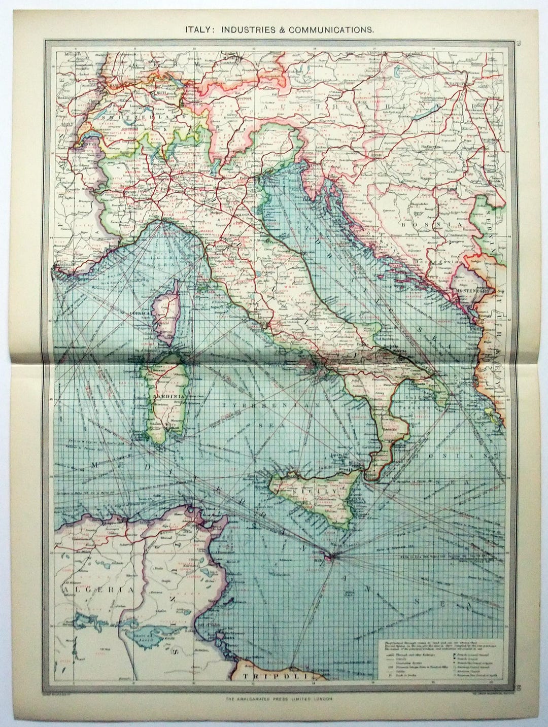 Original Map of Italy: Industries and Communications C1907 by George ...
