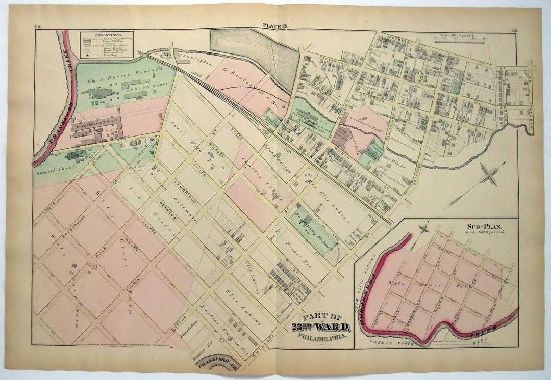 Large Original 1876 Map of SE Part of the Frankford Section of ...