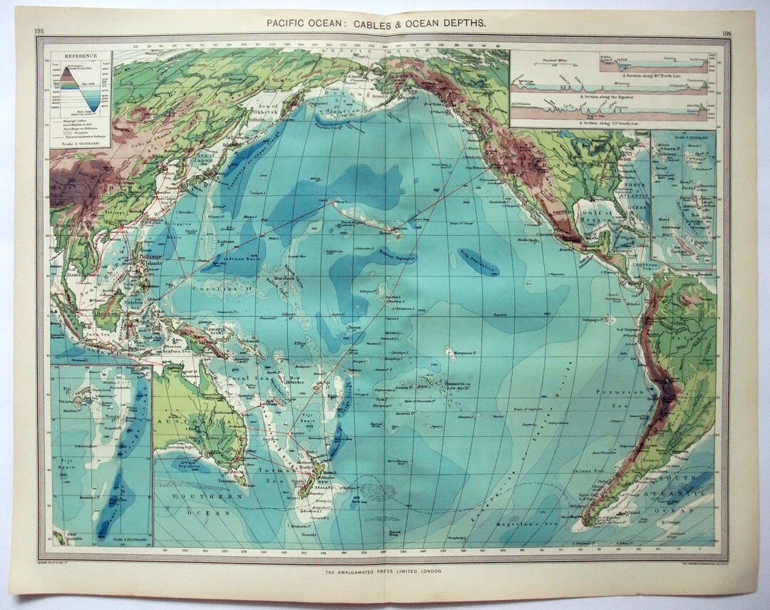 Pacific Ocean: Cables and Ocean Depth - Original Map by George Philip ...