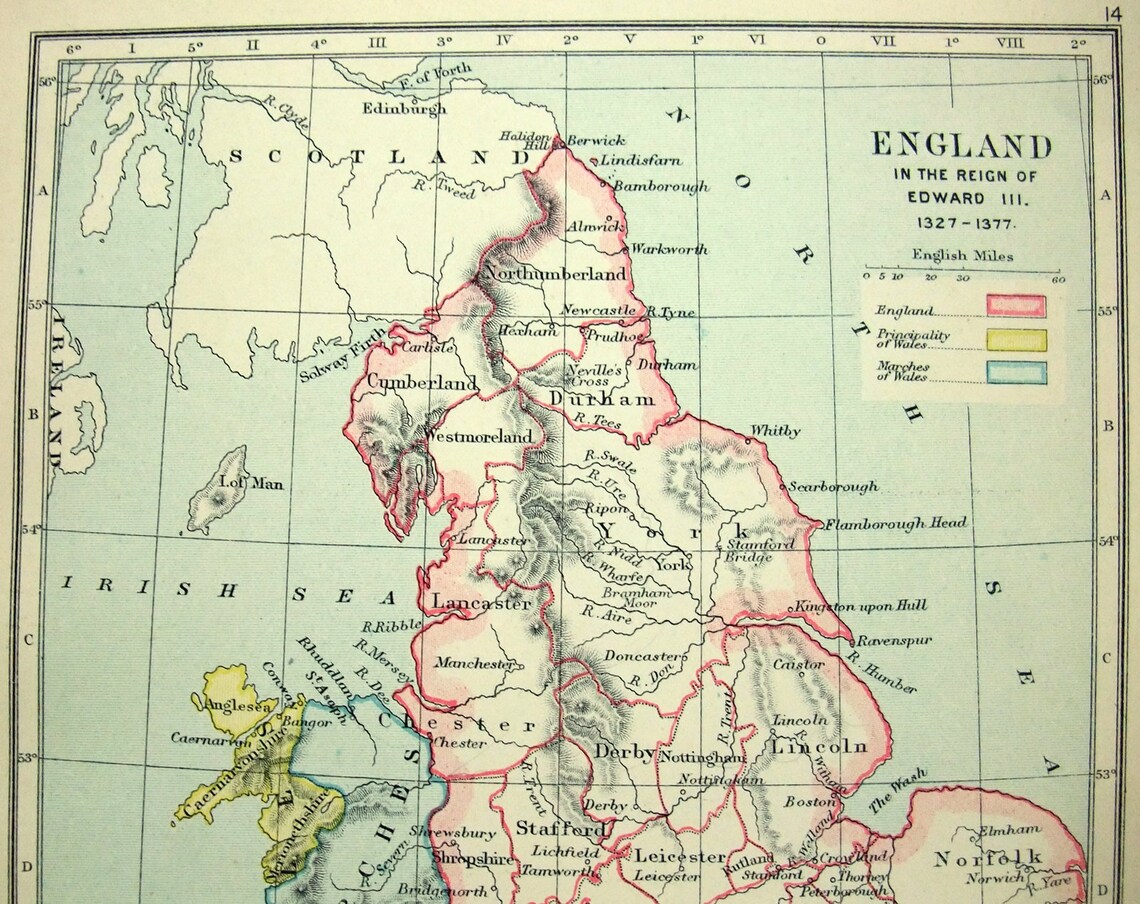 Vintage Map of England in the Reign of Edward III 1327-1377 - Etsy