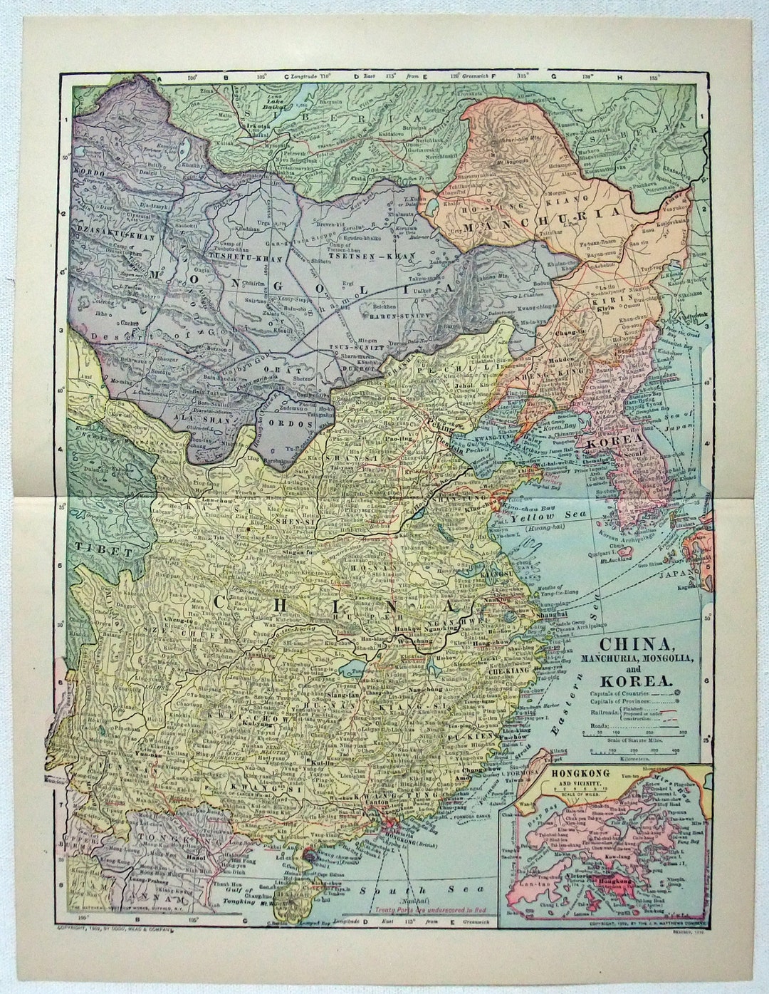 China, Mongolia & Korea - Original 1910 Map by Dodd Mead. Antique ...