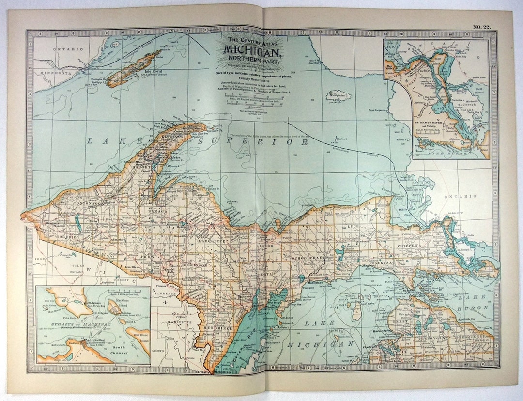 Original 1902 Map of the Upper Peninsula of Michigan by the Century ...