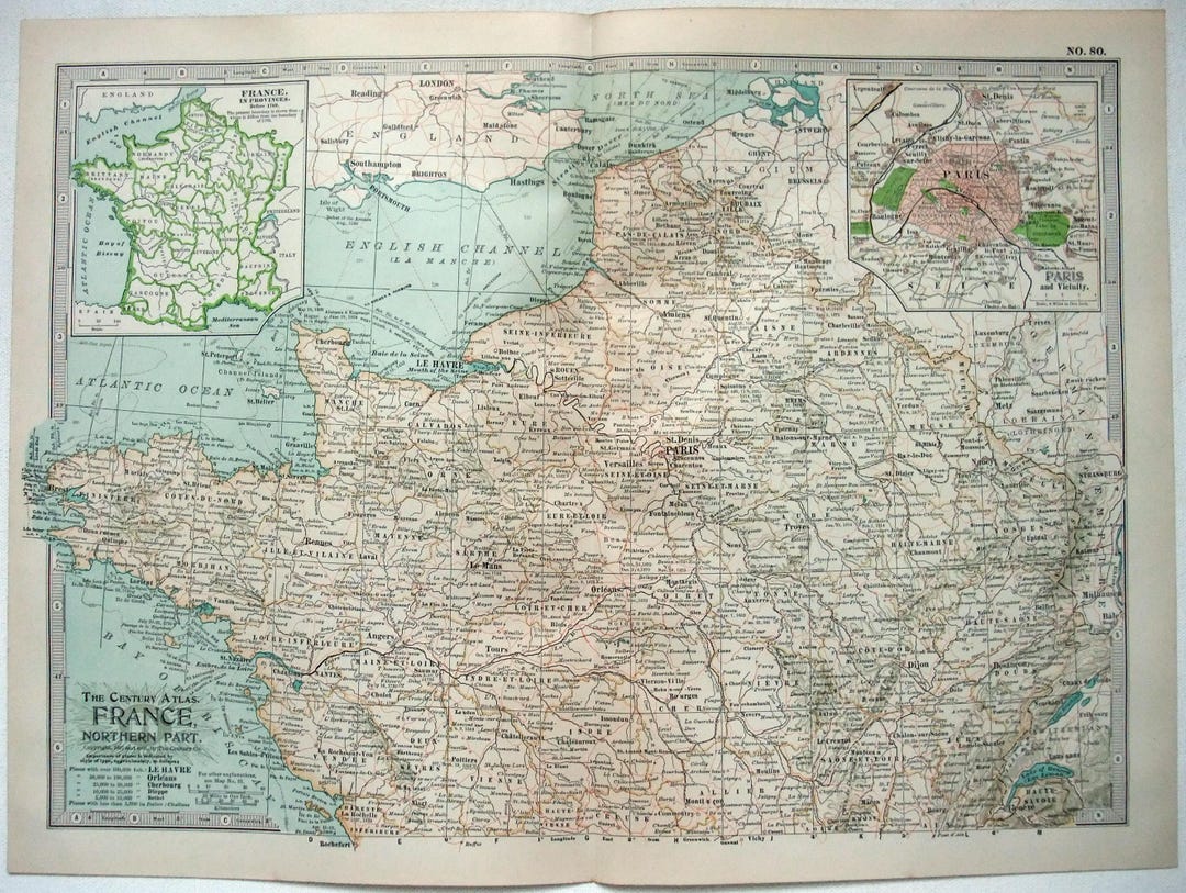 Original 1902 Map of the Northern Part of France by the Century Company ...