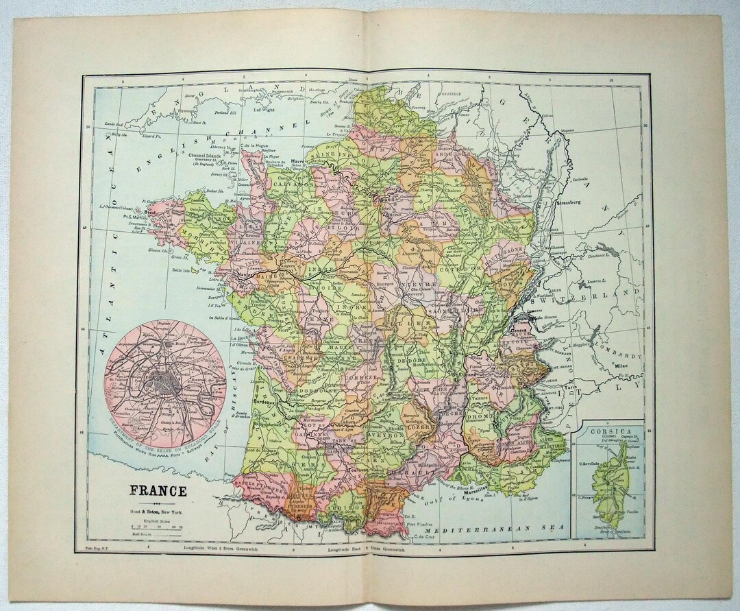 Antique France Map: 1895 Hunt & Eaton Original - Etsy