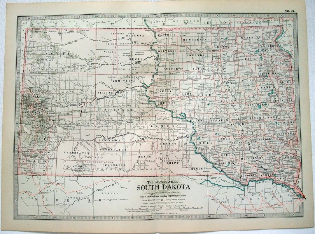 South Dakota - Original 1902 Map by the Century Company. Antique ...