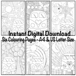 Hippie Bus Adult Colouring Pages Hand Drawn Instant Download 6 ...