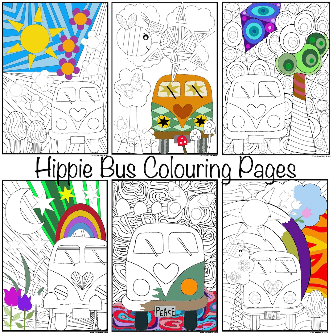 Hippie Bus Adult Colouring Pages - Hand Drawn - Instant Download - 6 ...