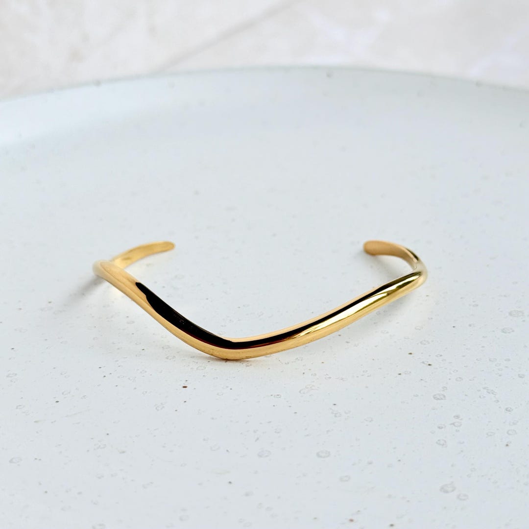 Gold Wave Cuff Bracelet | Minimal Open Bangle | 18k Gold Plated ...