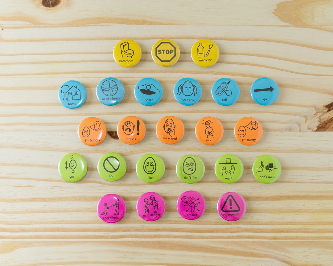 Set of 24 Communication Badges Neon Colors Metal Pins for Autism ...