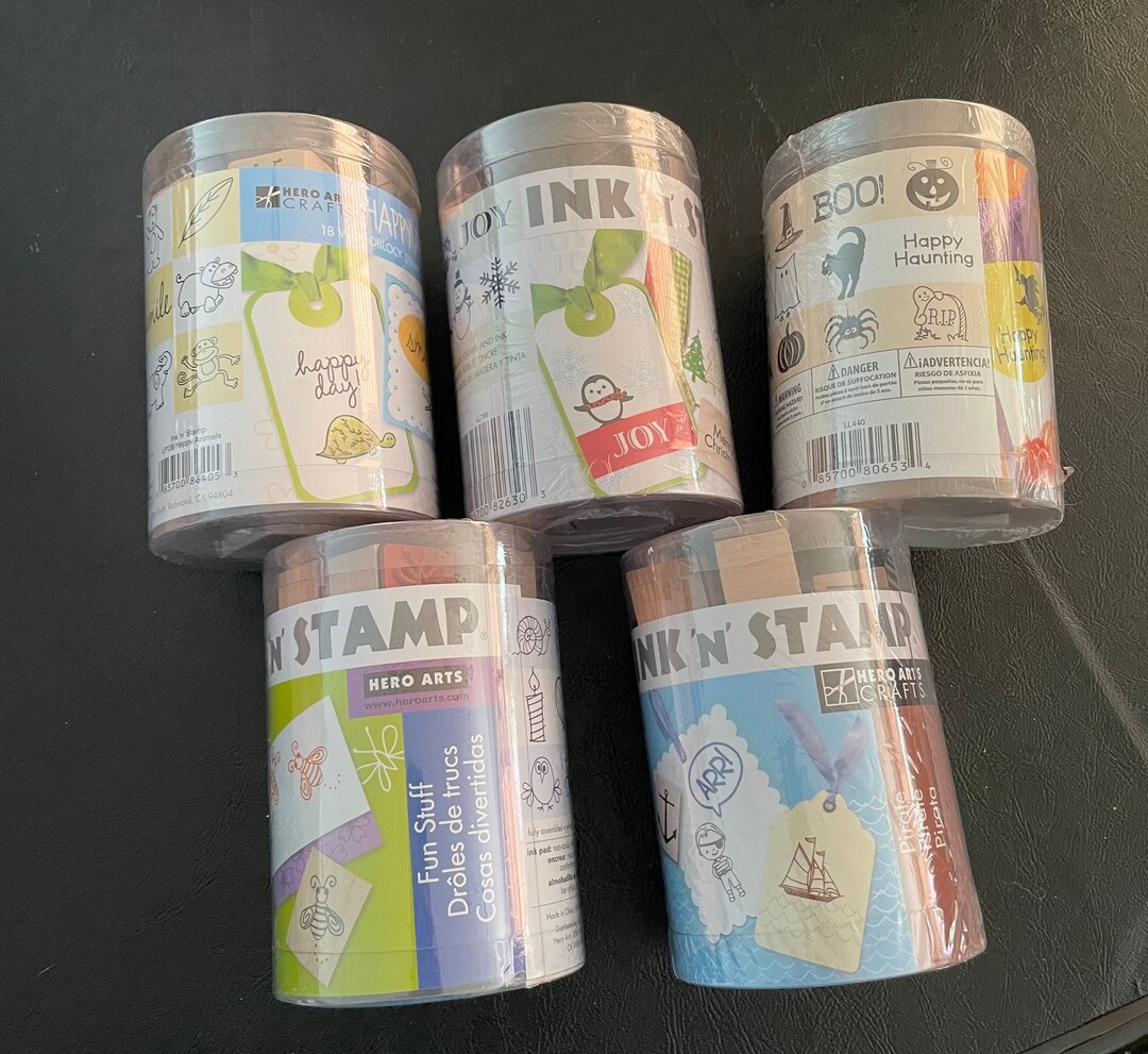 Ink N Stamp, Mini Rubber Stamps on Wooden Block, Set of 18 Stamps ...