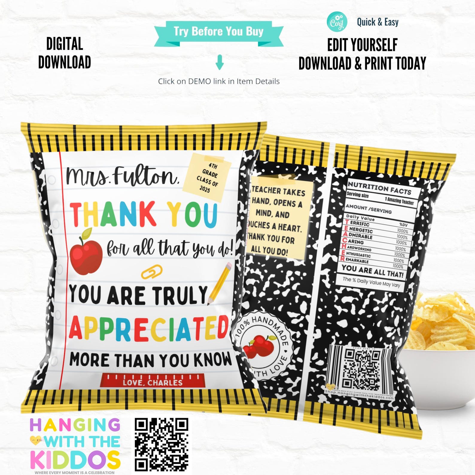 Teacher Appreciation Chip Bag Wrapper, Printable DIY Teacher Gift ...
