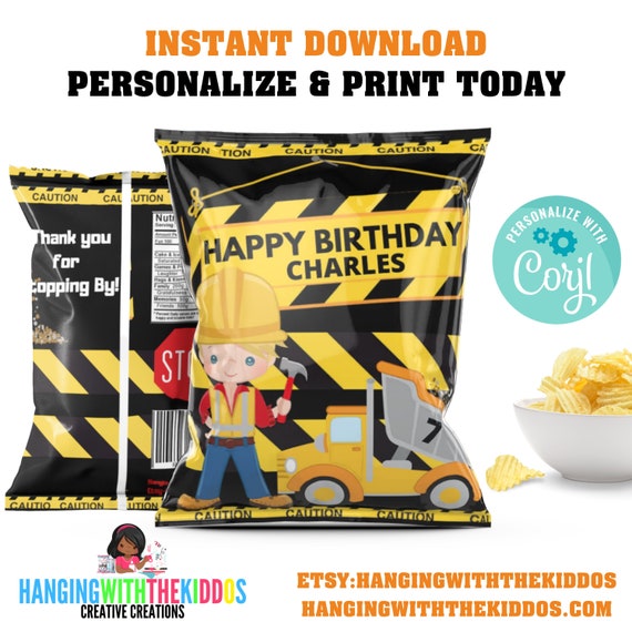 Construction Birthday Party Personalized Chip Bags by Hanging with the ...