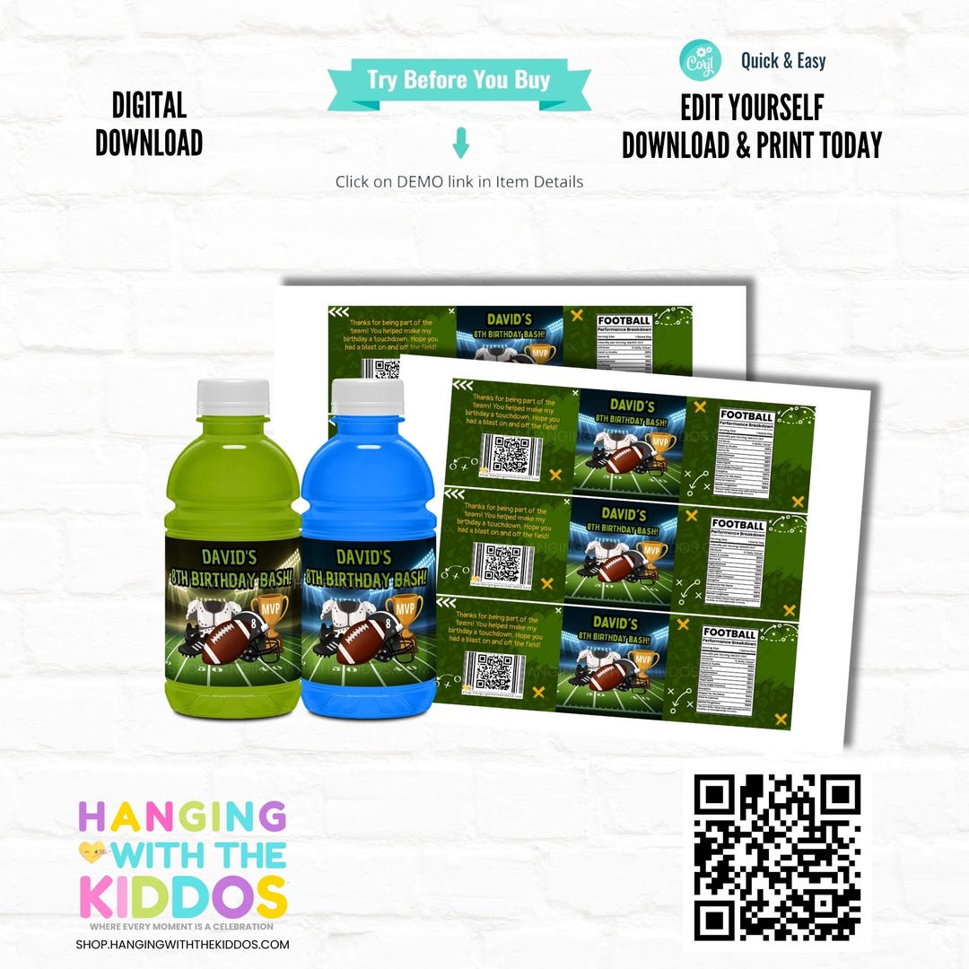 Football Sports Drink Bottle Labels, Mini 12oz Editable Label ...
