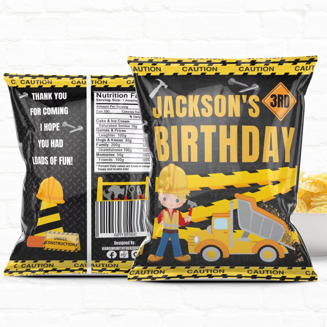 Construction Birthday Chip Bag Template Party Favors Popcorn Bags Grab ...