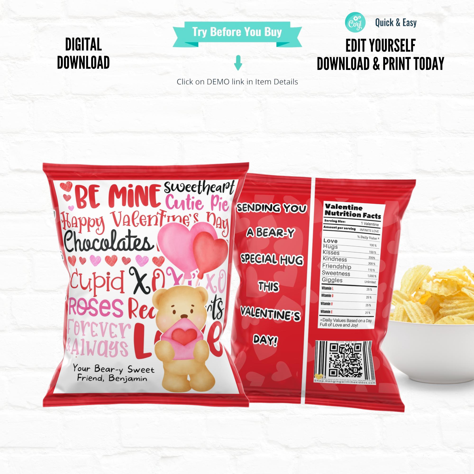 Kids Valentine Chip Bag Template | Love Balloon Party Favor | Editable ...