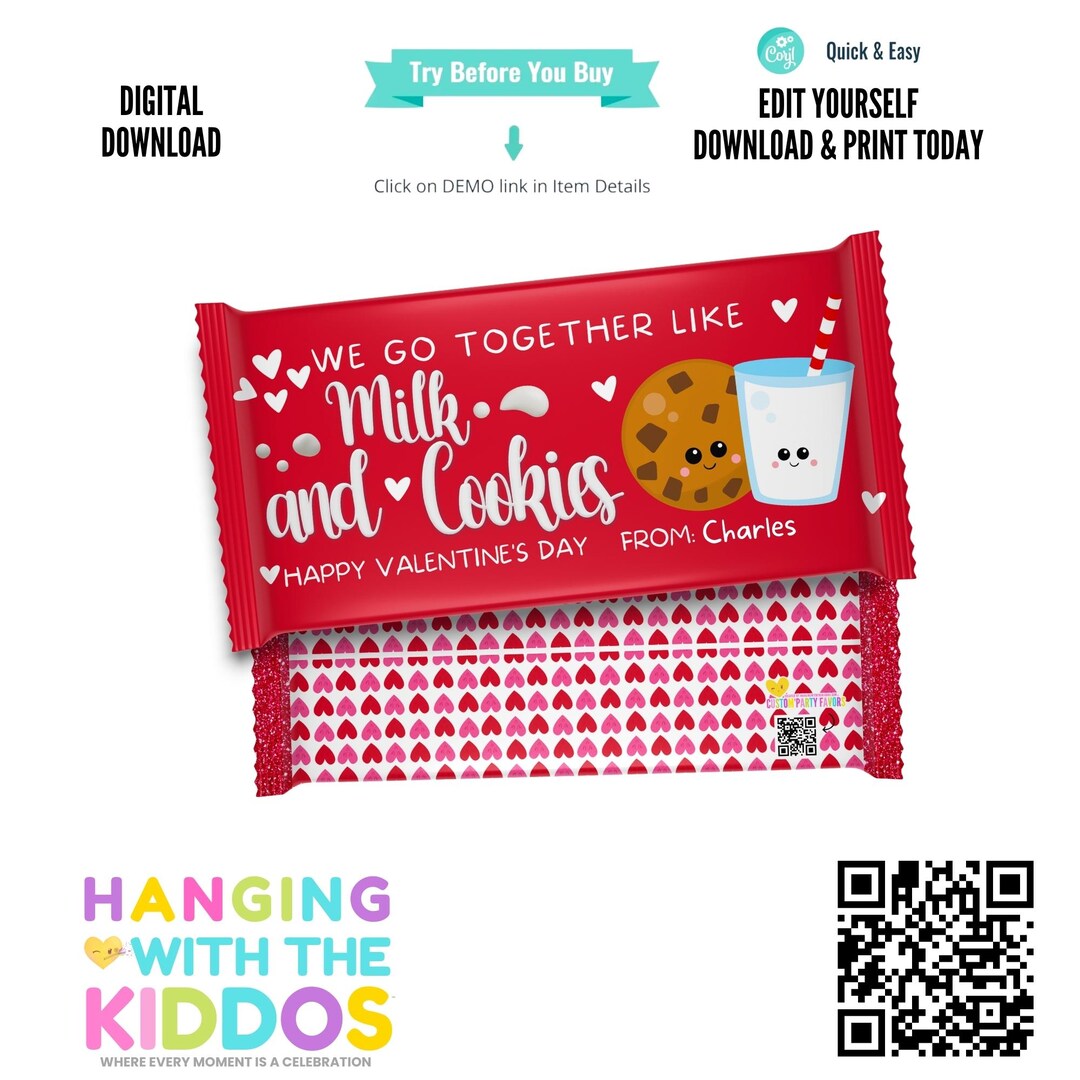 Personalized Valentine Milk and Cookies Wrapper | Editable DIY Snack ...