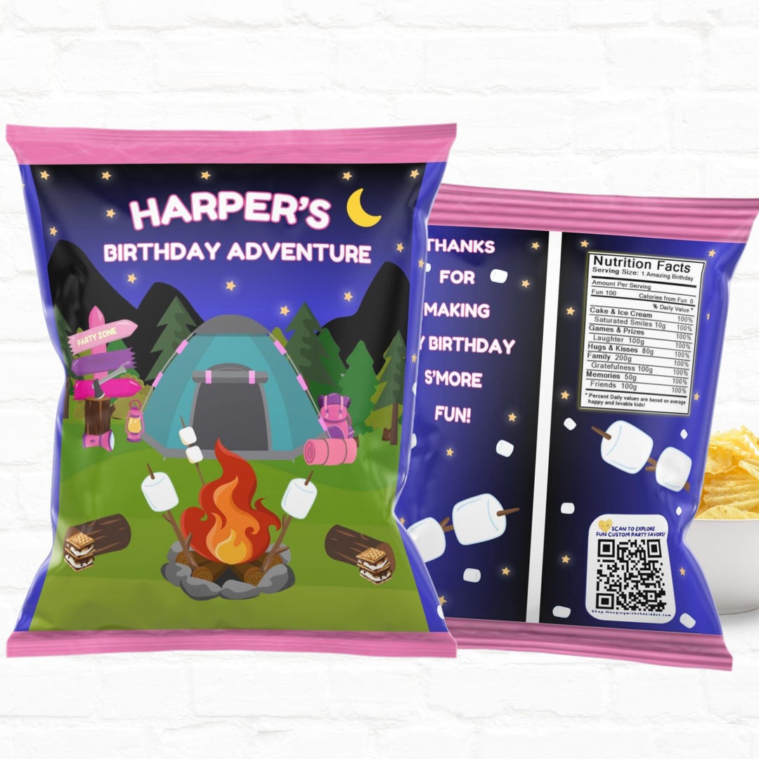 Pink Campfire Chip Bag Template | Editable Birthday Favor | Digital ...