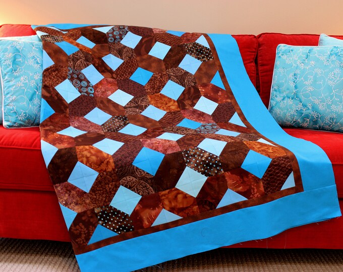 Unfinished Quilt TOP Ready for You to Finish, Brown Batik & Blue ...