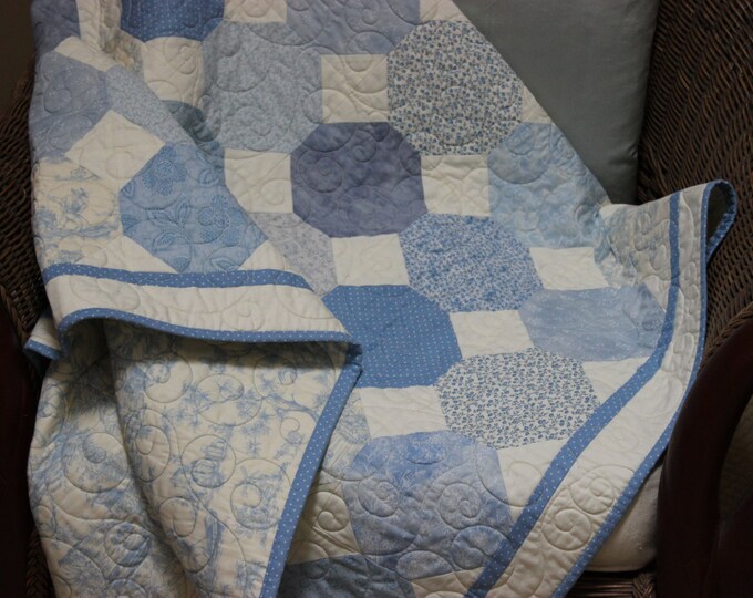 Handmade Quilt, Patchwork Throw Quilt, Lap Quilt, Pastel Blue and White ...