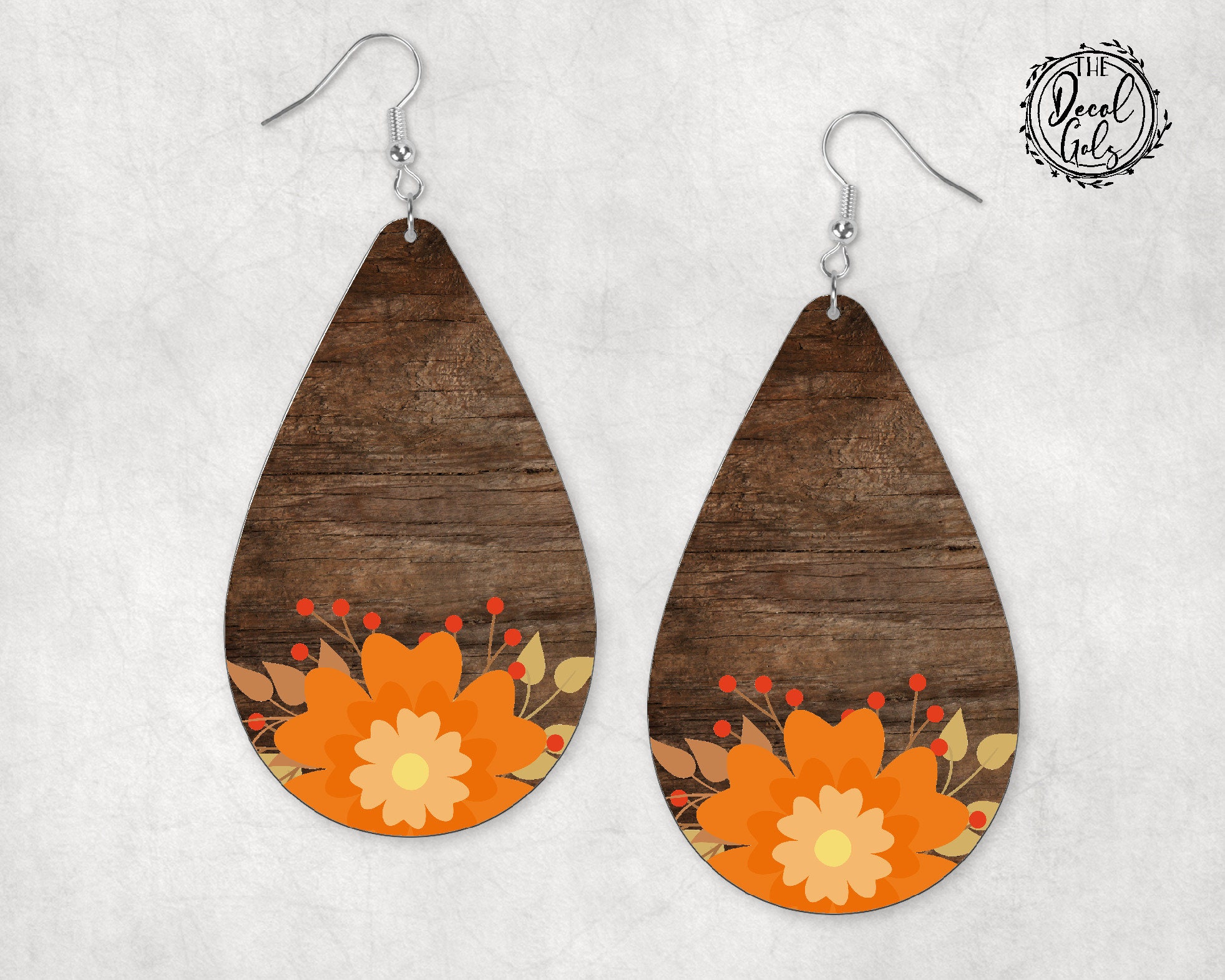 Faux Wood Orange Flower Earring Teardrop Template Large Size - Etsy