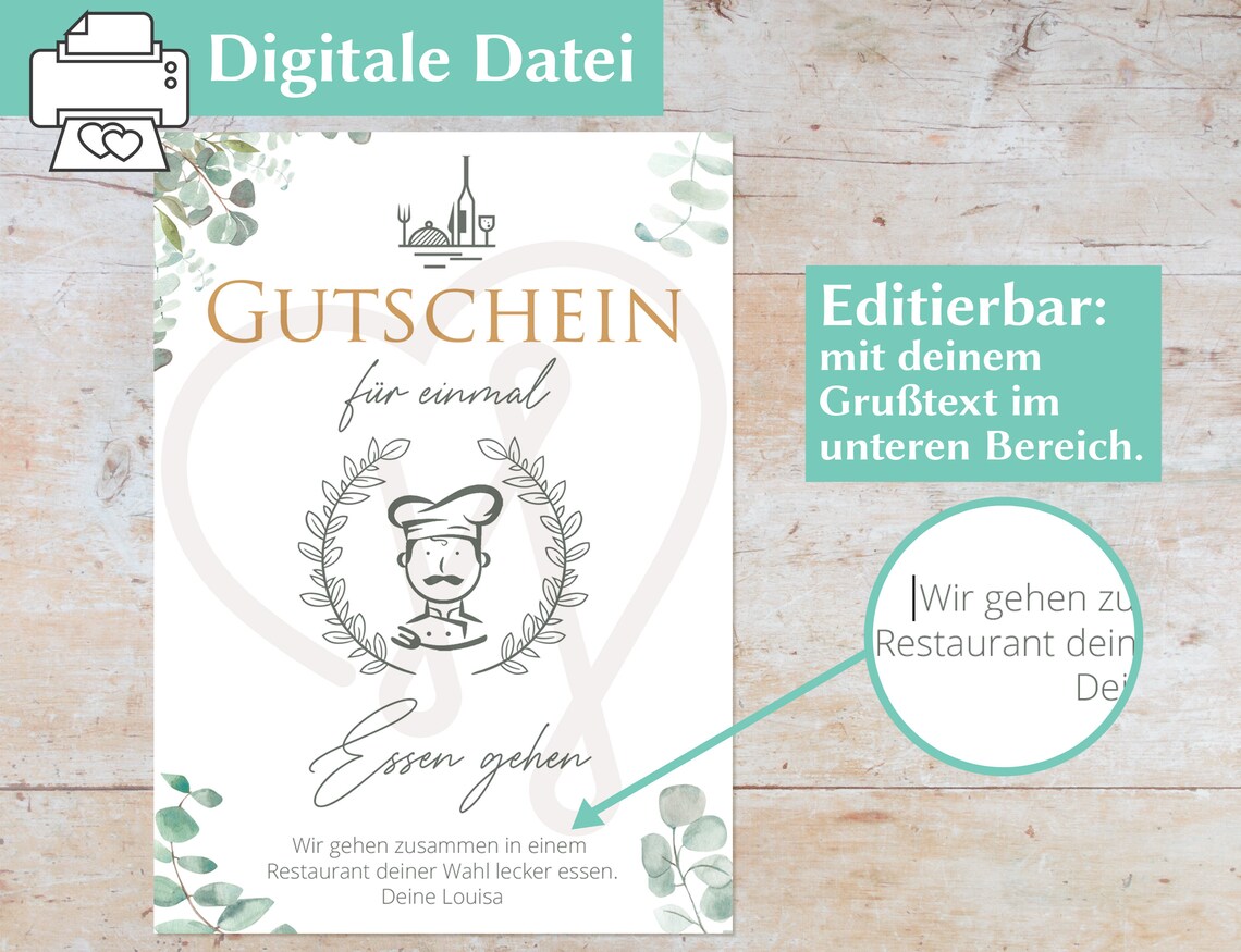 Gutschein Essen gehen | Vorlage editierbar | Ausdrucken | Zeit statt ...