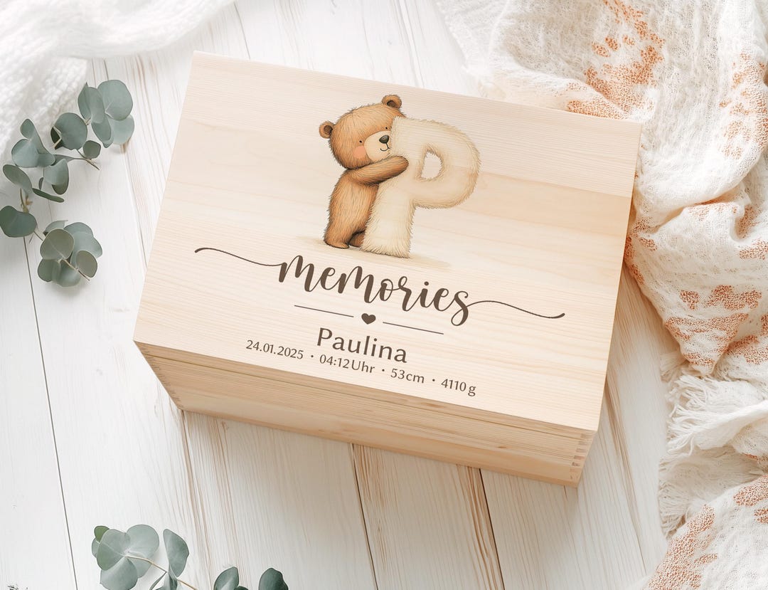 Personalized Baby Memory Box – Gift for Birth & Baptism, Cute Bear With ...