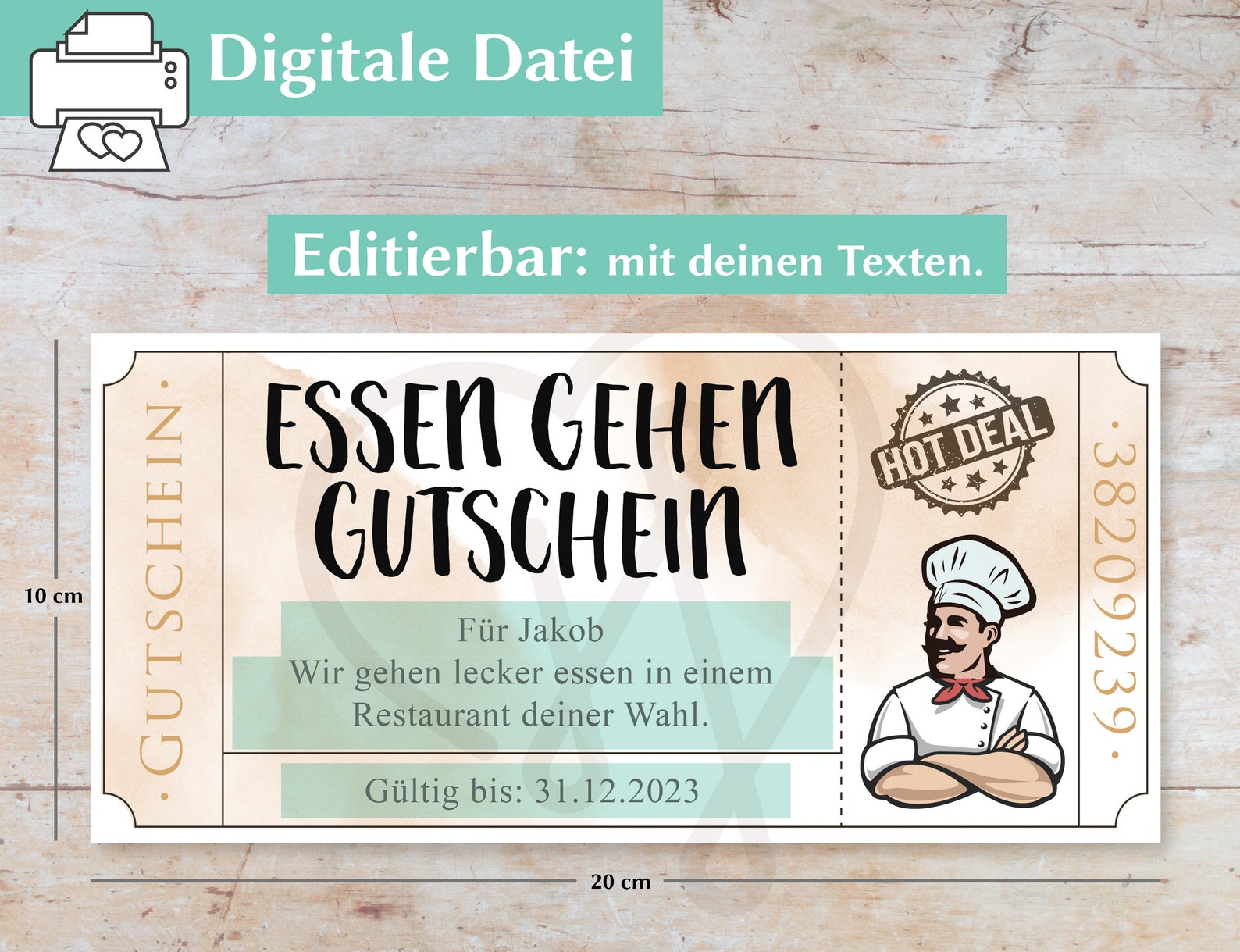 Gutschein Essen gehen | Vorlage editierbar | Ausdrucken | Zeit statt ...