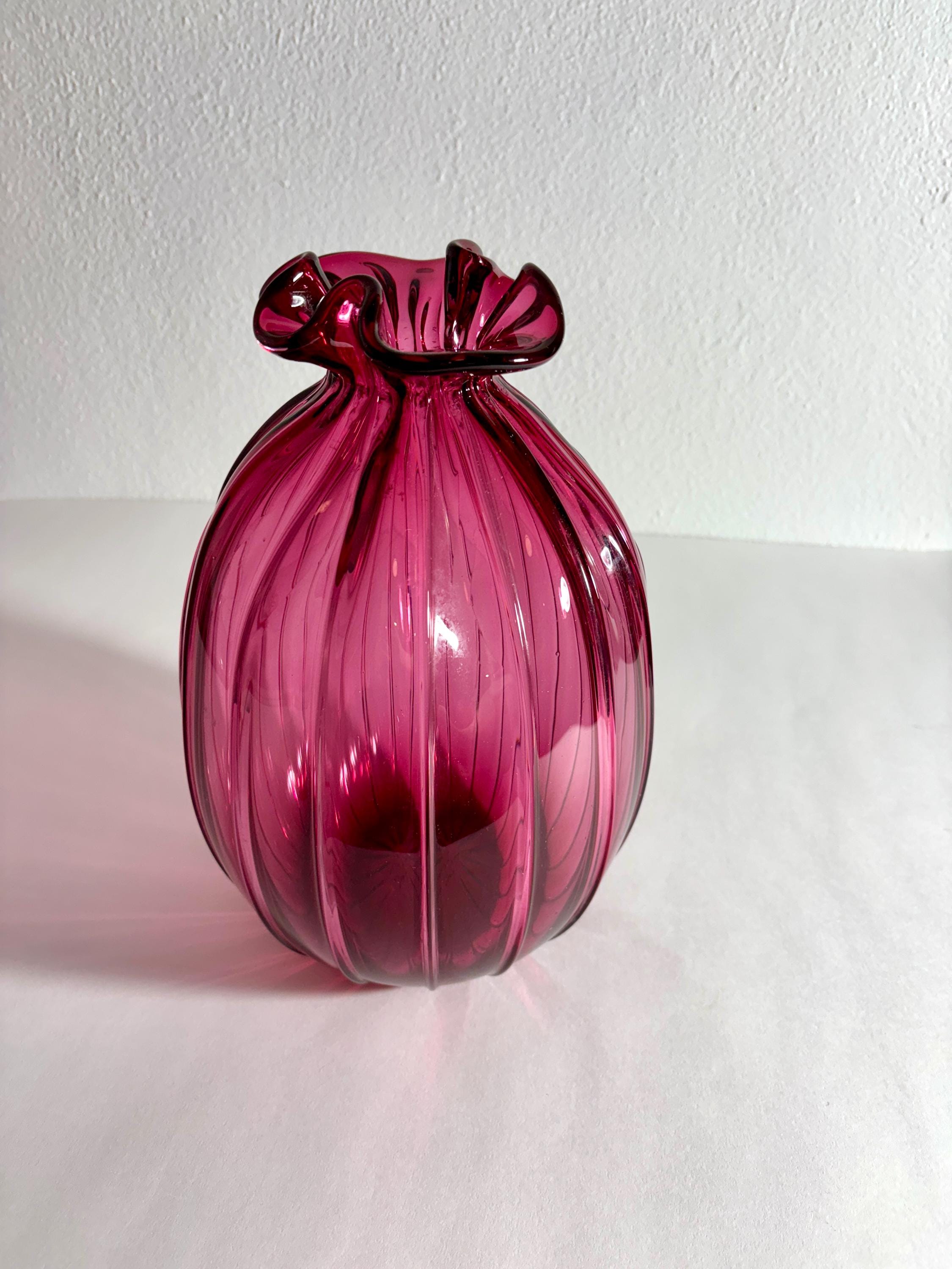 Vintage Cranberry Pilgrim Glass 10" Pleated Sack Vase With Ruffled Edge ...