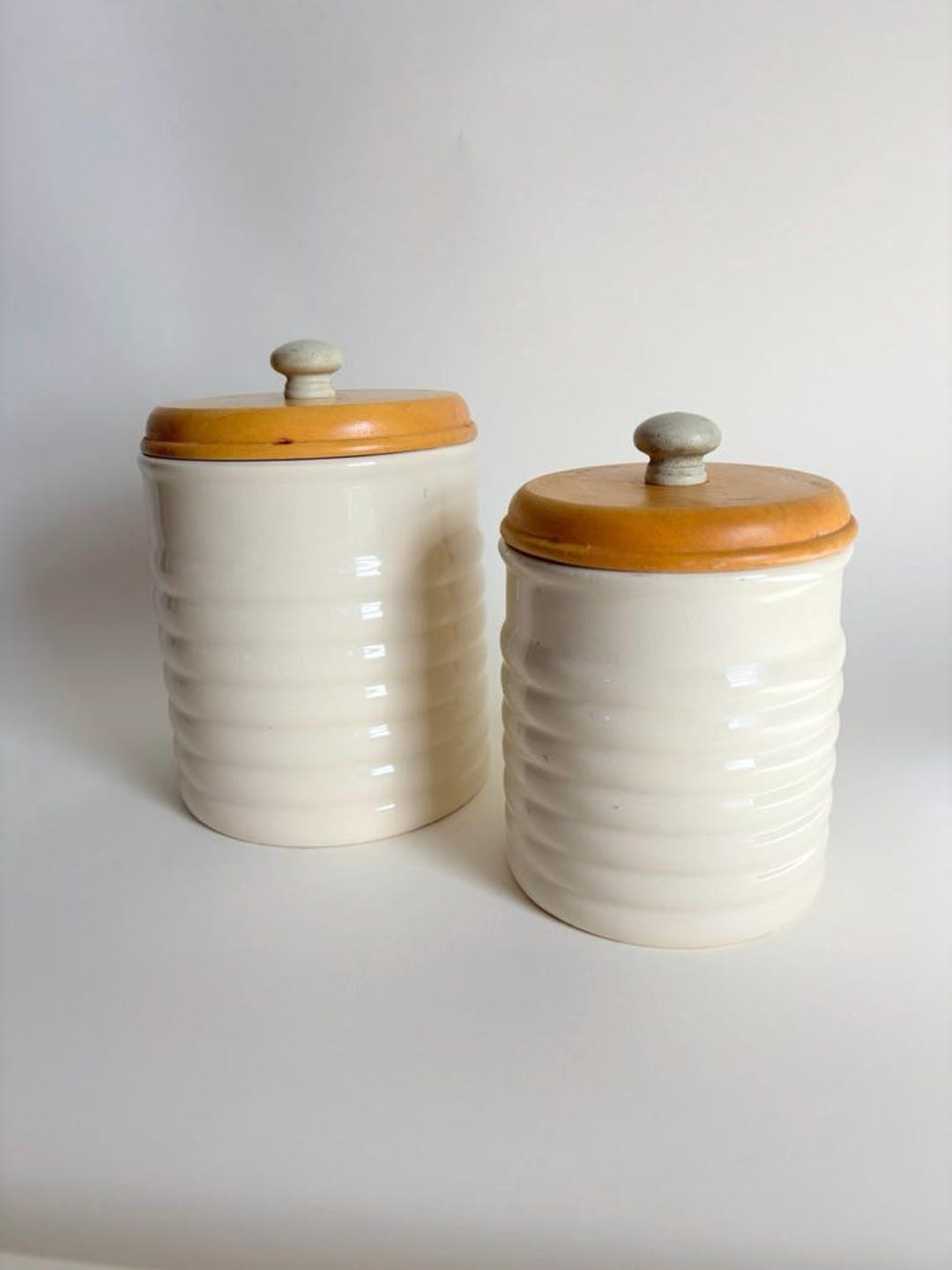 Vintage Furio Ceramic Ribbed Canister Set With Wooden Lids – Mid ...